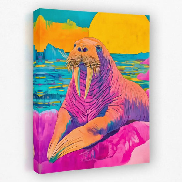 Arctic Tusk Vibrant Walrus Canvas Wall Art in Magenta and Cyan