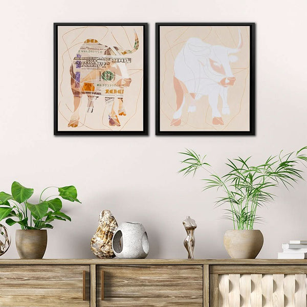 Bull and Cash – Wall Street-Inspired Bull Duo Canvas Set - Luxury Wall Art