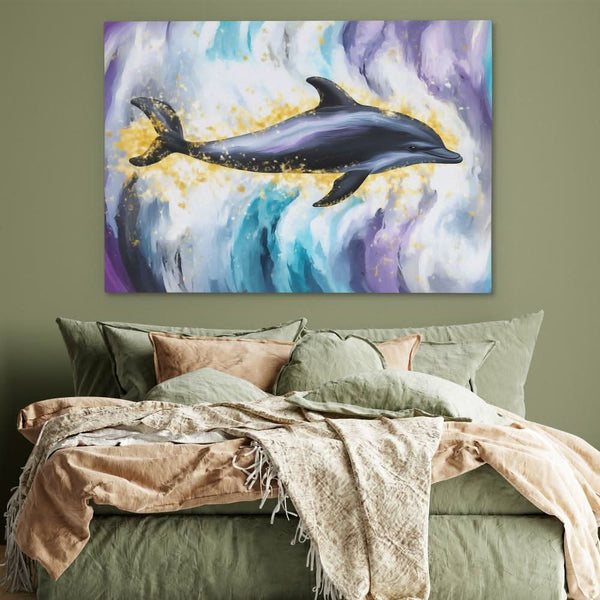 Dark Dolphin Canvas | Black Gold Blue Coastal Art