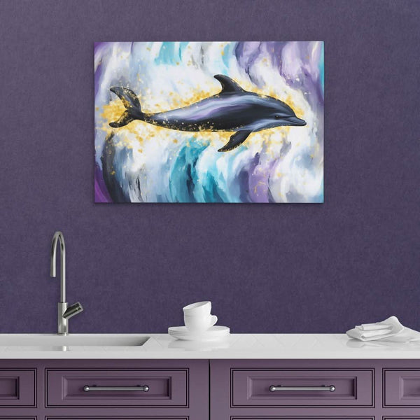 Dark Dolphin Canvas | Black Gold Blue Coastal Art