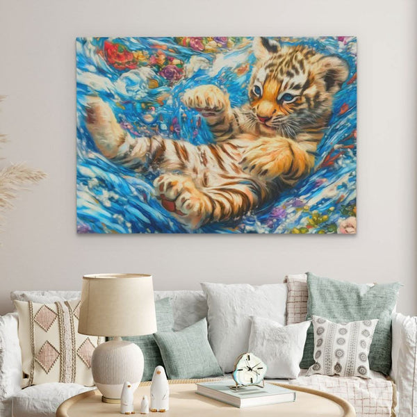 Tiger Cub in Water – Colorful Cub Wall Art